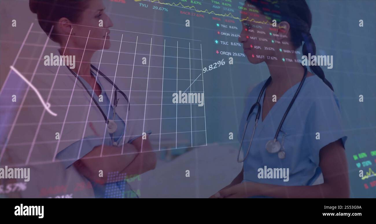 Image of data processing, stock market and diagrams over diverse female ...