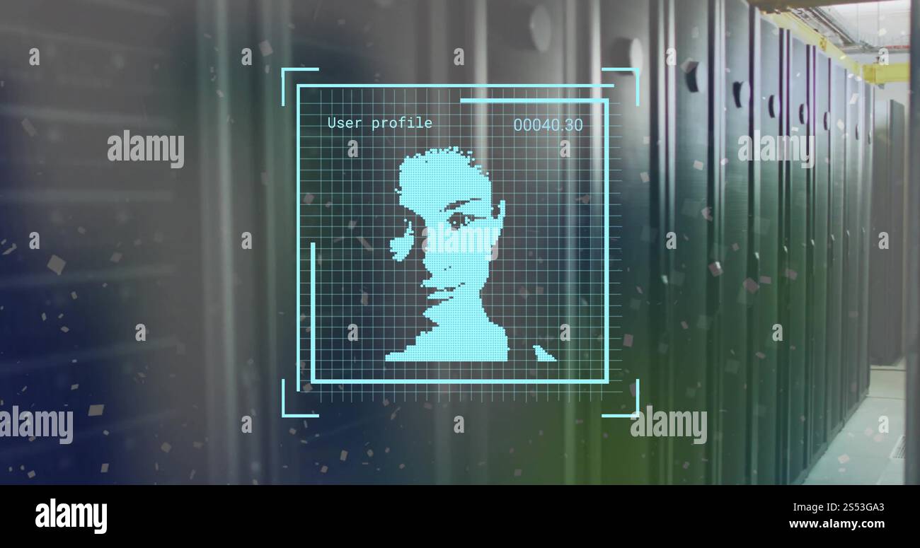 Digital facial recognition image over server racks in data center Stock ...