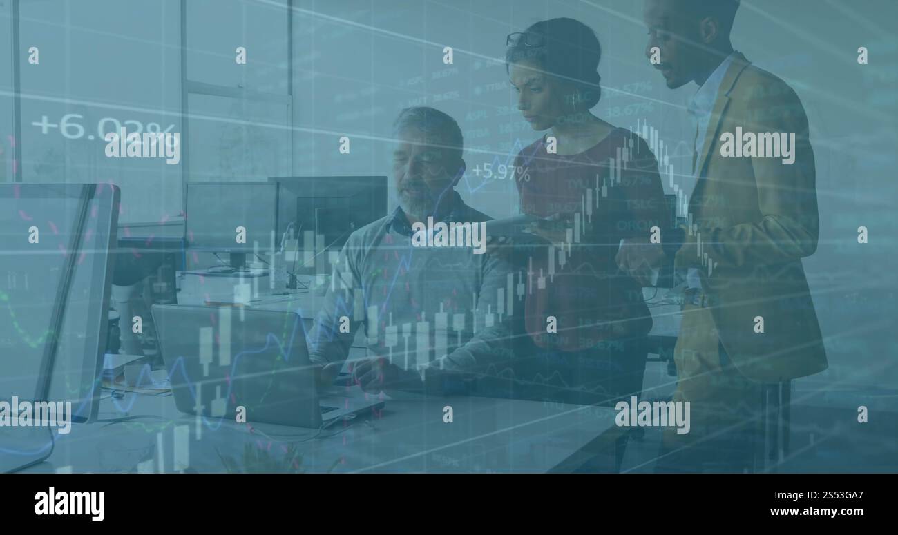 Image of data processing and diagrams over diverse business people ...