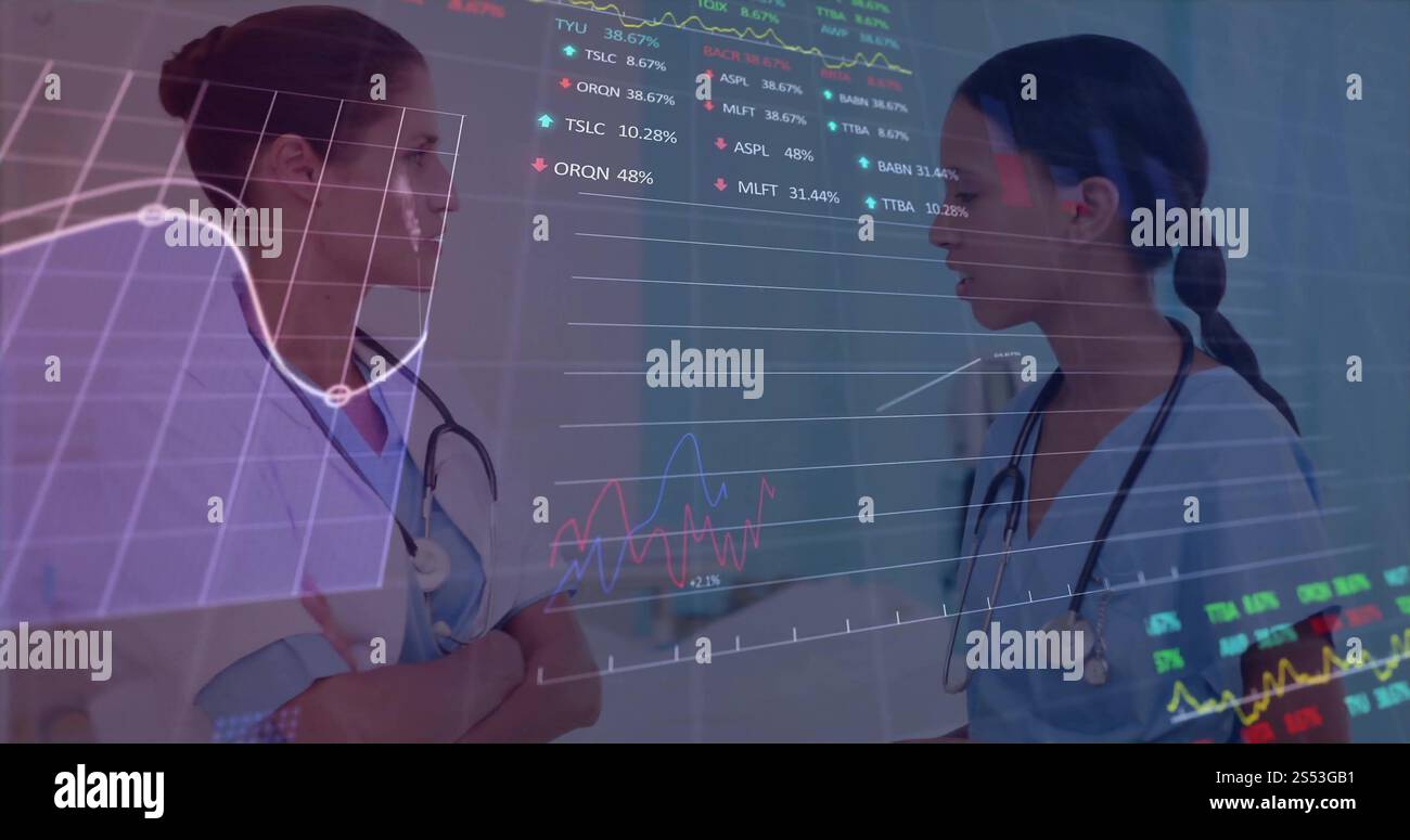 Image of data processing, stock market and diagrams over diverse female ...