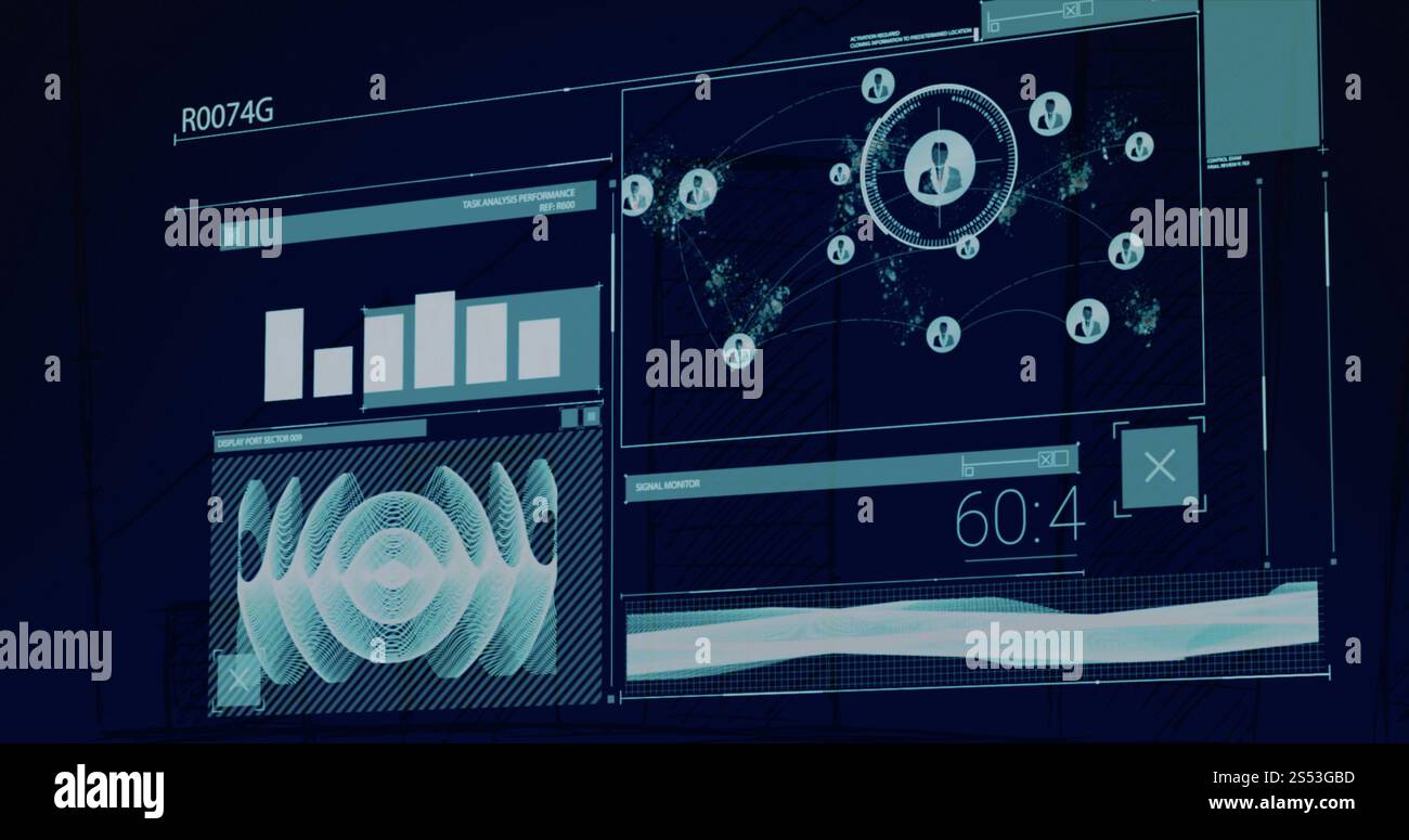 Image of scanner processing network of people icons, charts and data on ...