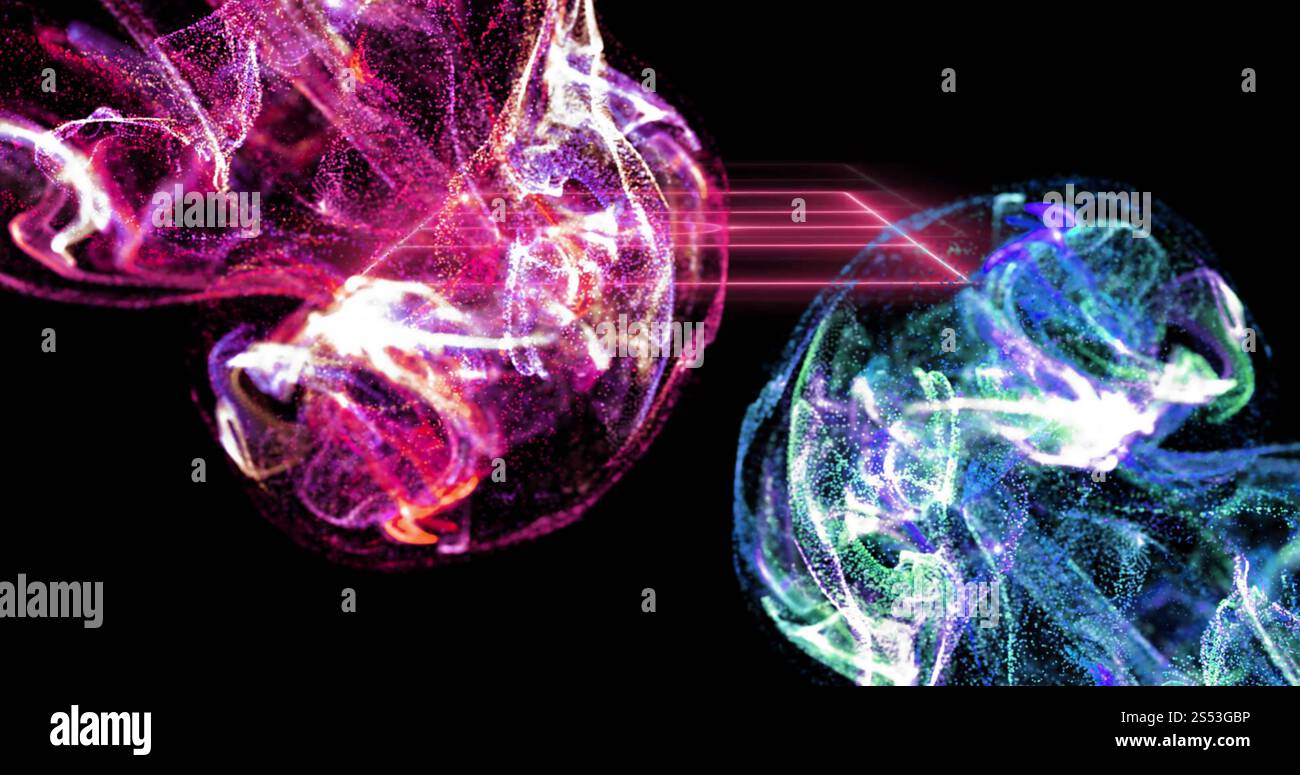 Image of yellow and blue particle networks over pink neon basketball ...
