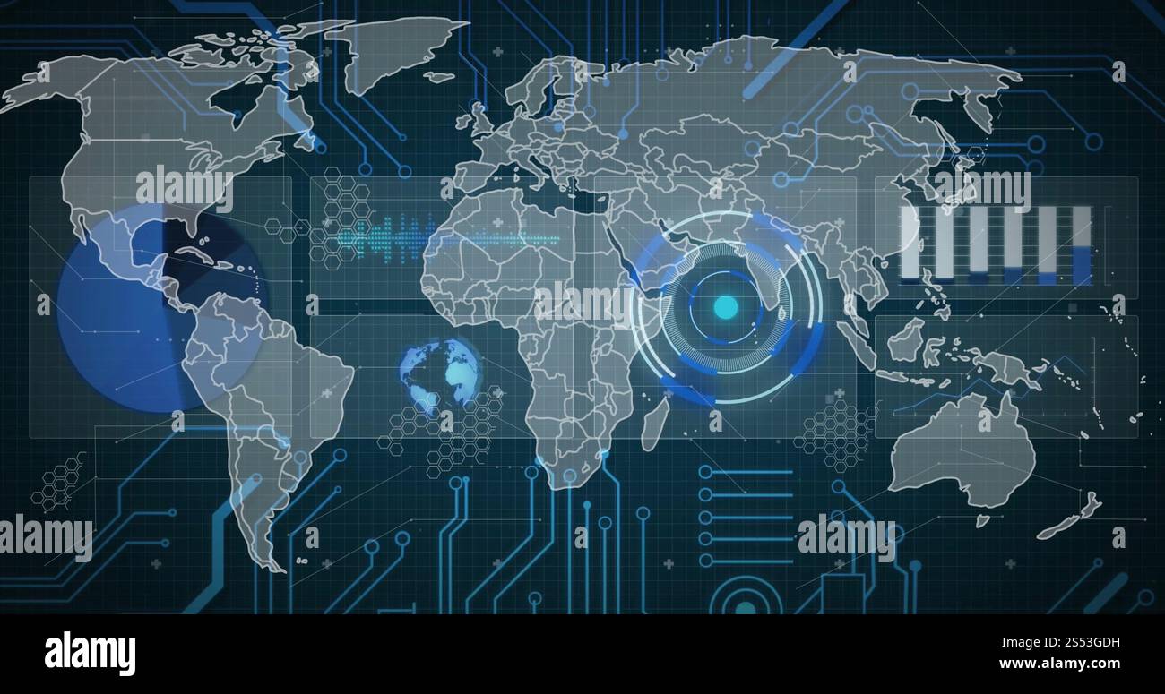 Image of scope and data processing over computer circuit board and world map Stock Photo - Alamy