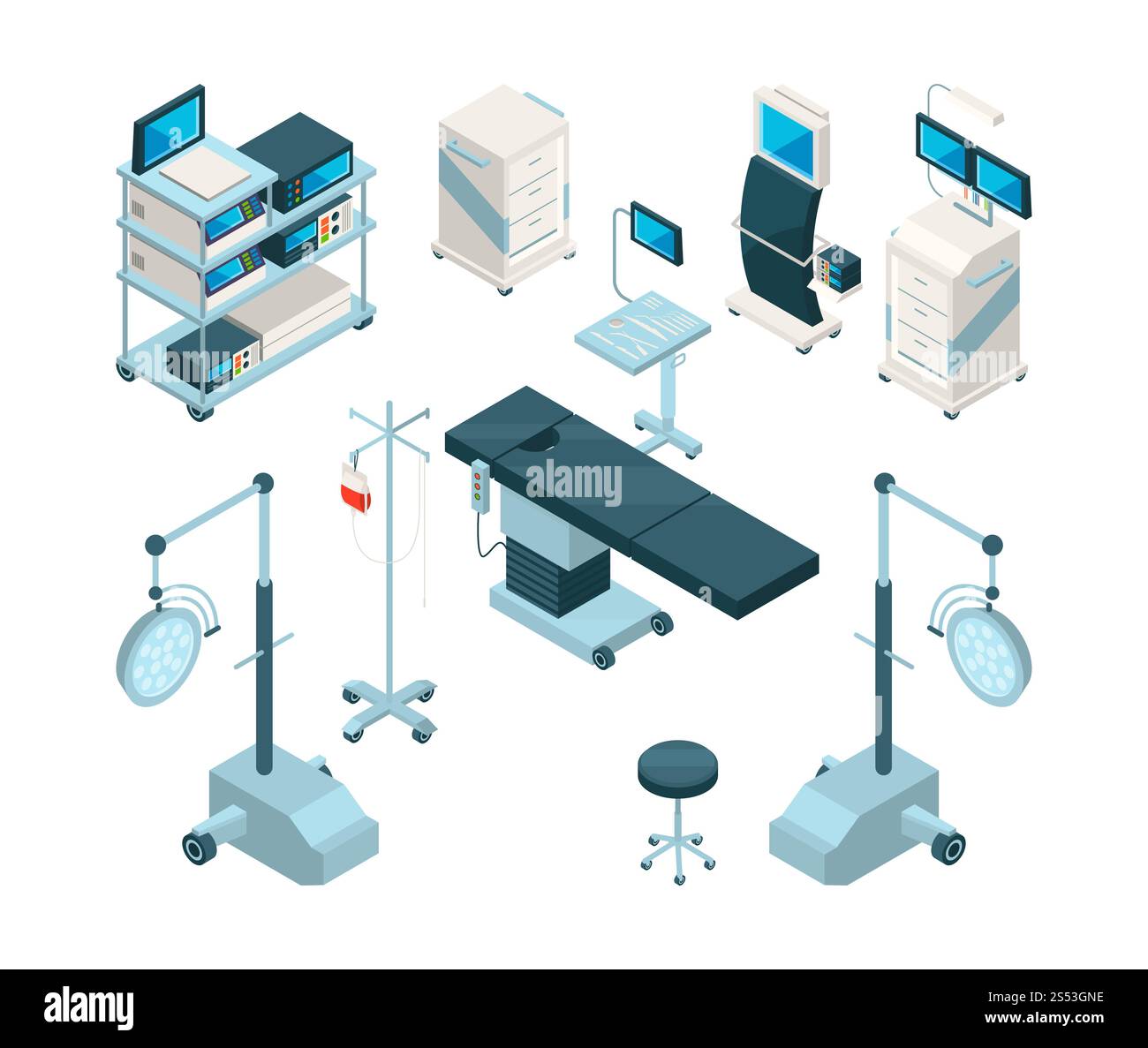 Isometric illustrations of medical equipment in operating room ...