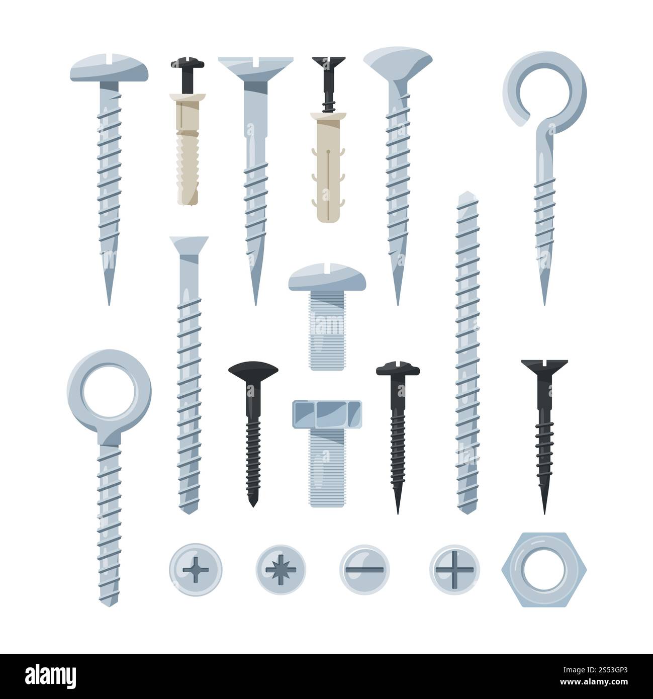 Pictures set of hardware tools. Iron bolts, nuts, nails and screws ...