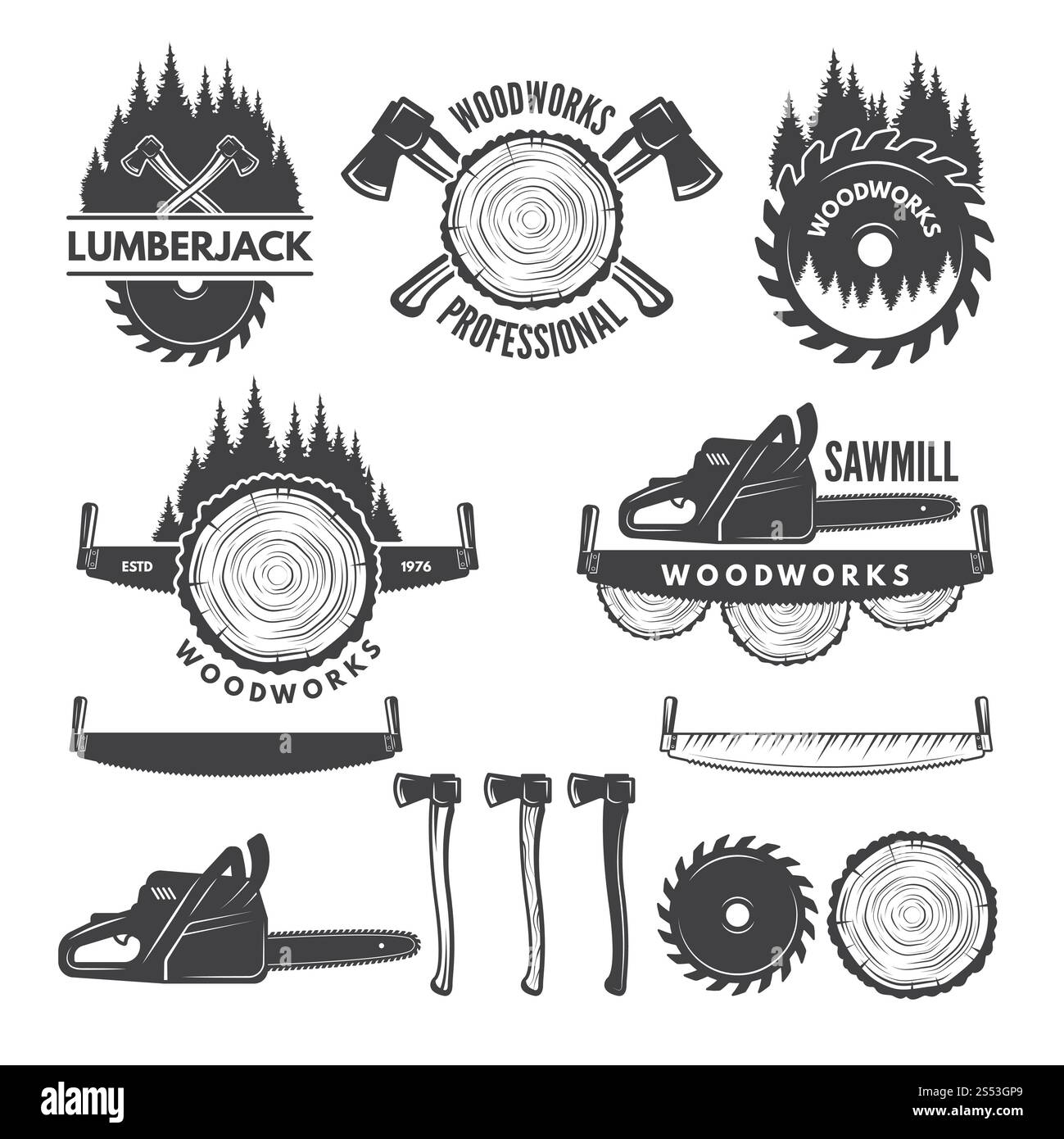 Monochrome labels set with lumberjack and pictures for wood industry ...