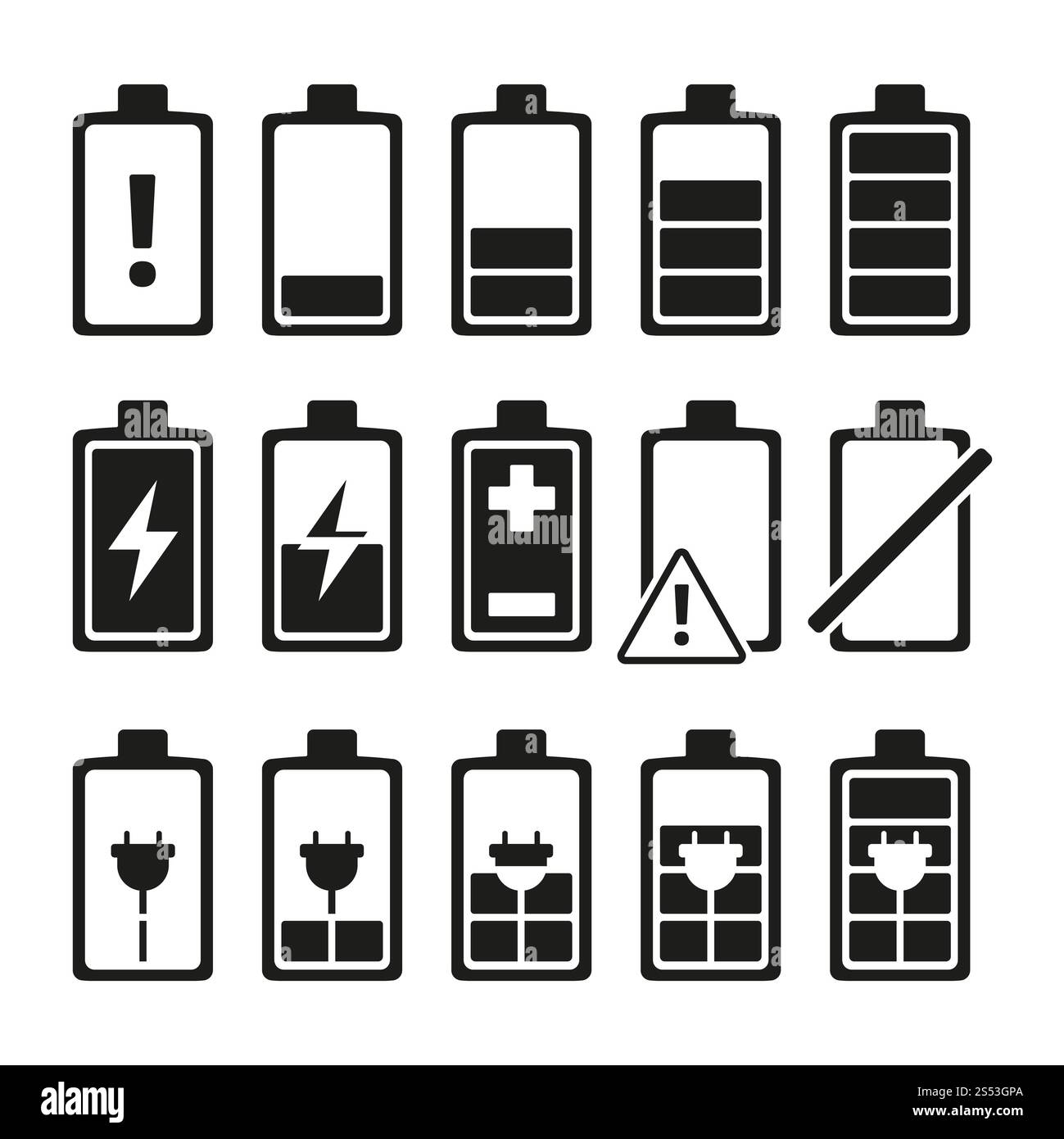 Monochrome pictures of smartphone battery in different levels of ...