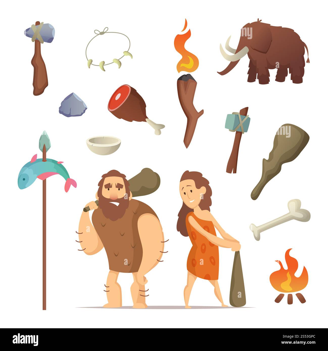 Different tools from prehistoric period. Primitive old weapons for caveman. Primitive ...