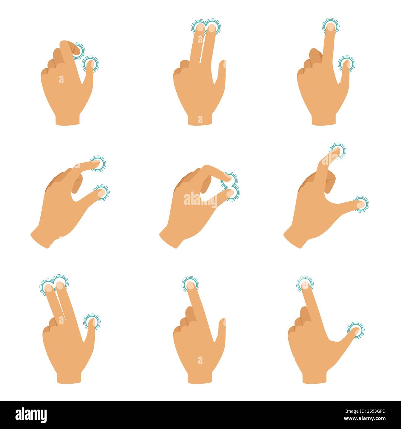 Different gestures to control the touch screen. Interface control screen, gesture pointer ...