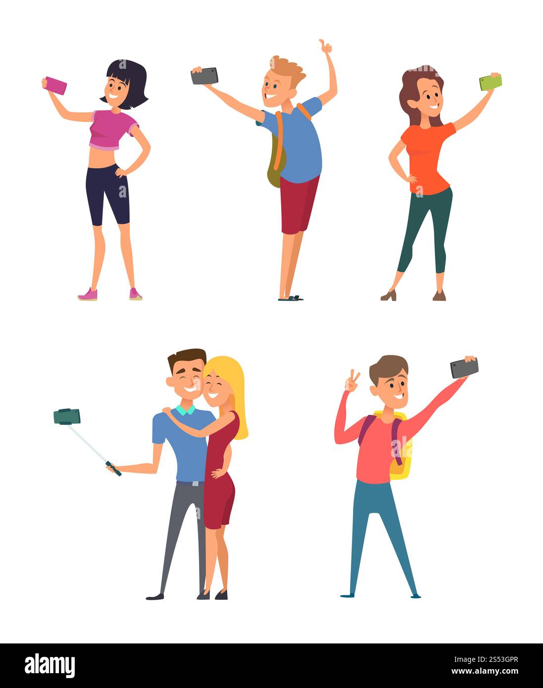 Different funny characters make selfie on their smartphones. Vector ...