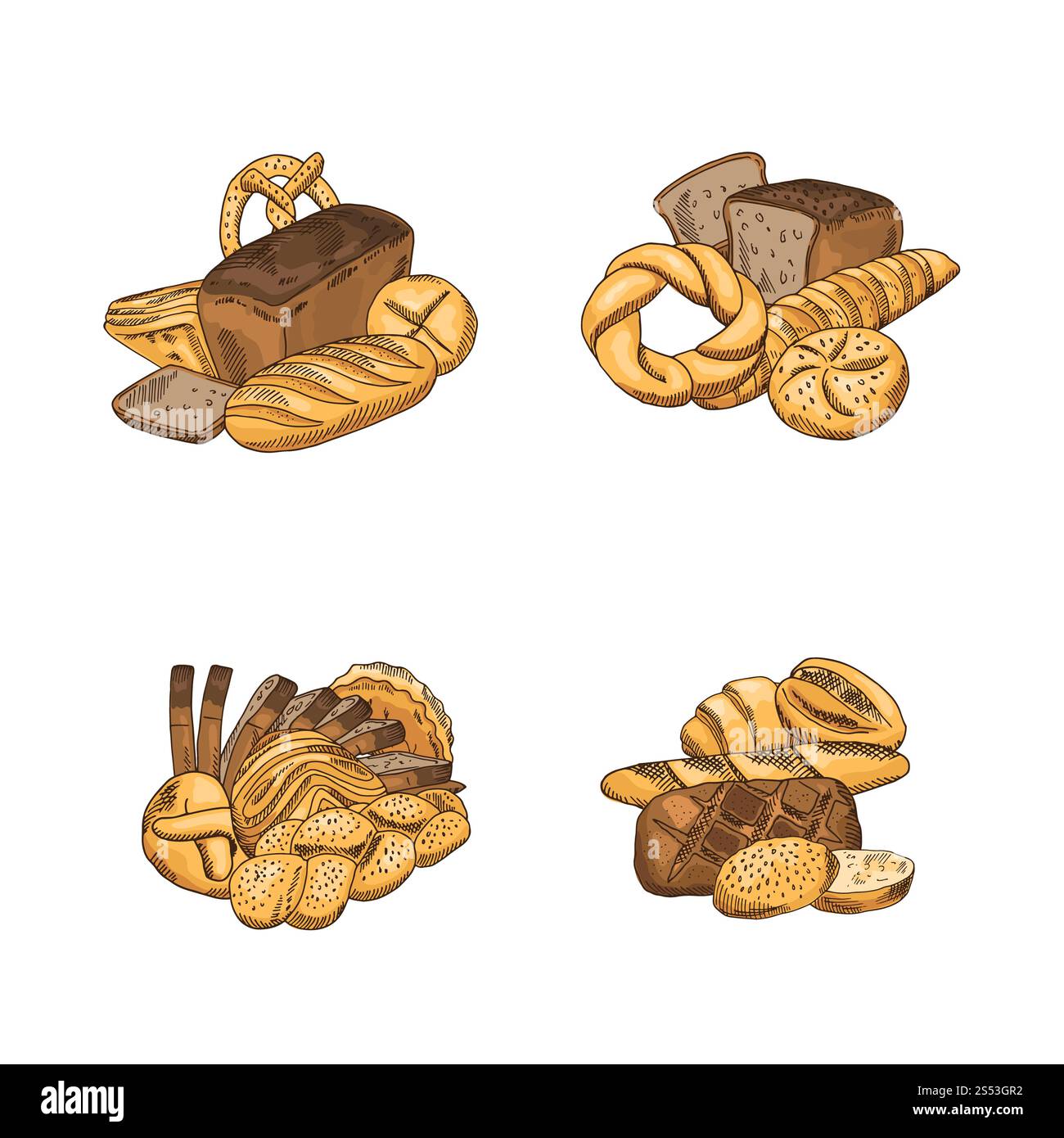 Vector set of piles of hand drawn colored bakery elements isolated on ...