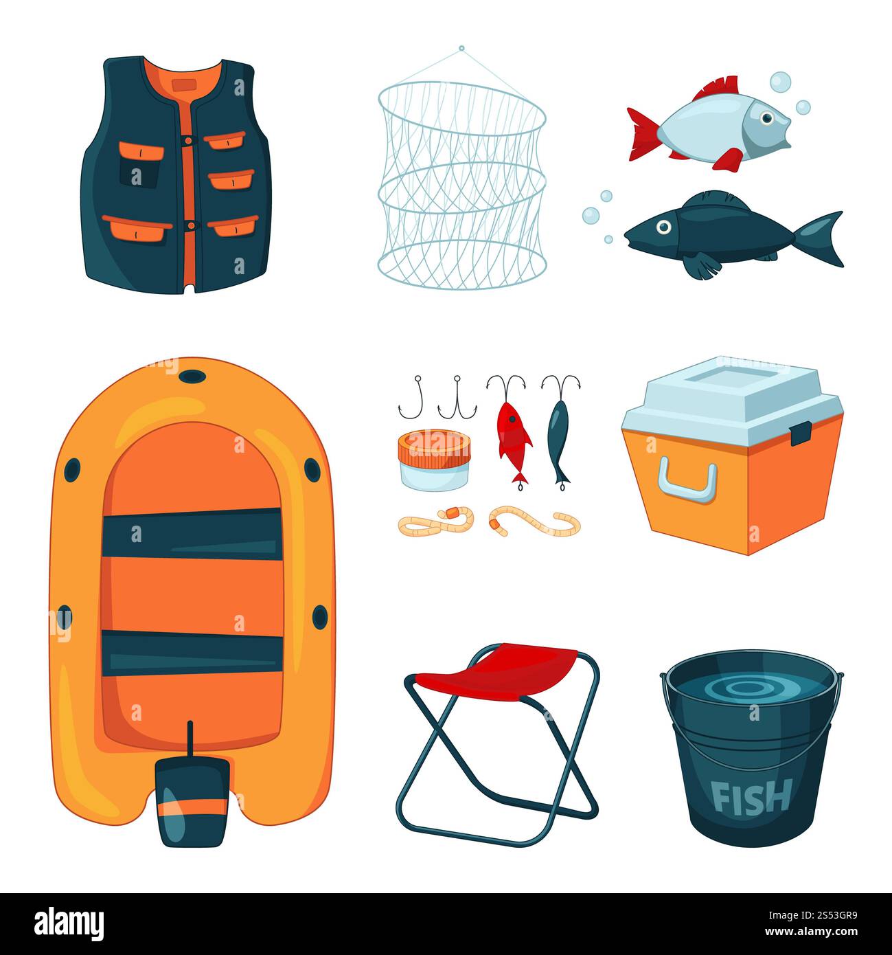 Different tools for fishing. Vector icons set in cartoon style. Fishing ...