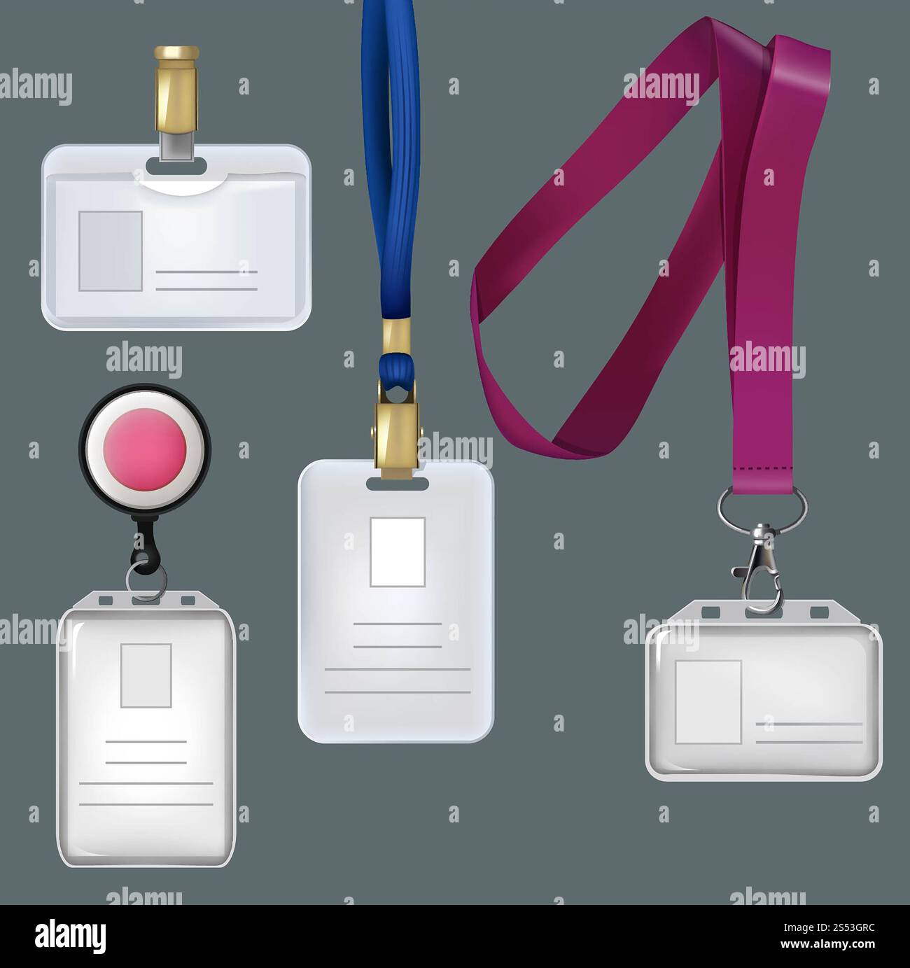 Illustrations of realistic templates of personal badges, security ...