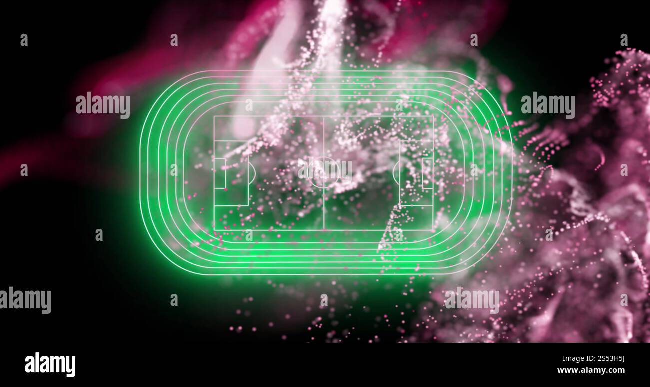 Image of network of white and pink particles floating over green neon ...