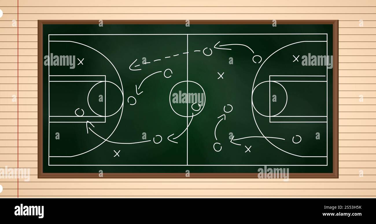 Image of basketball sports court with tactics and strategy drawings on ...