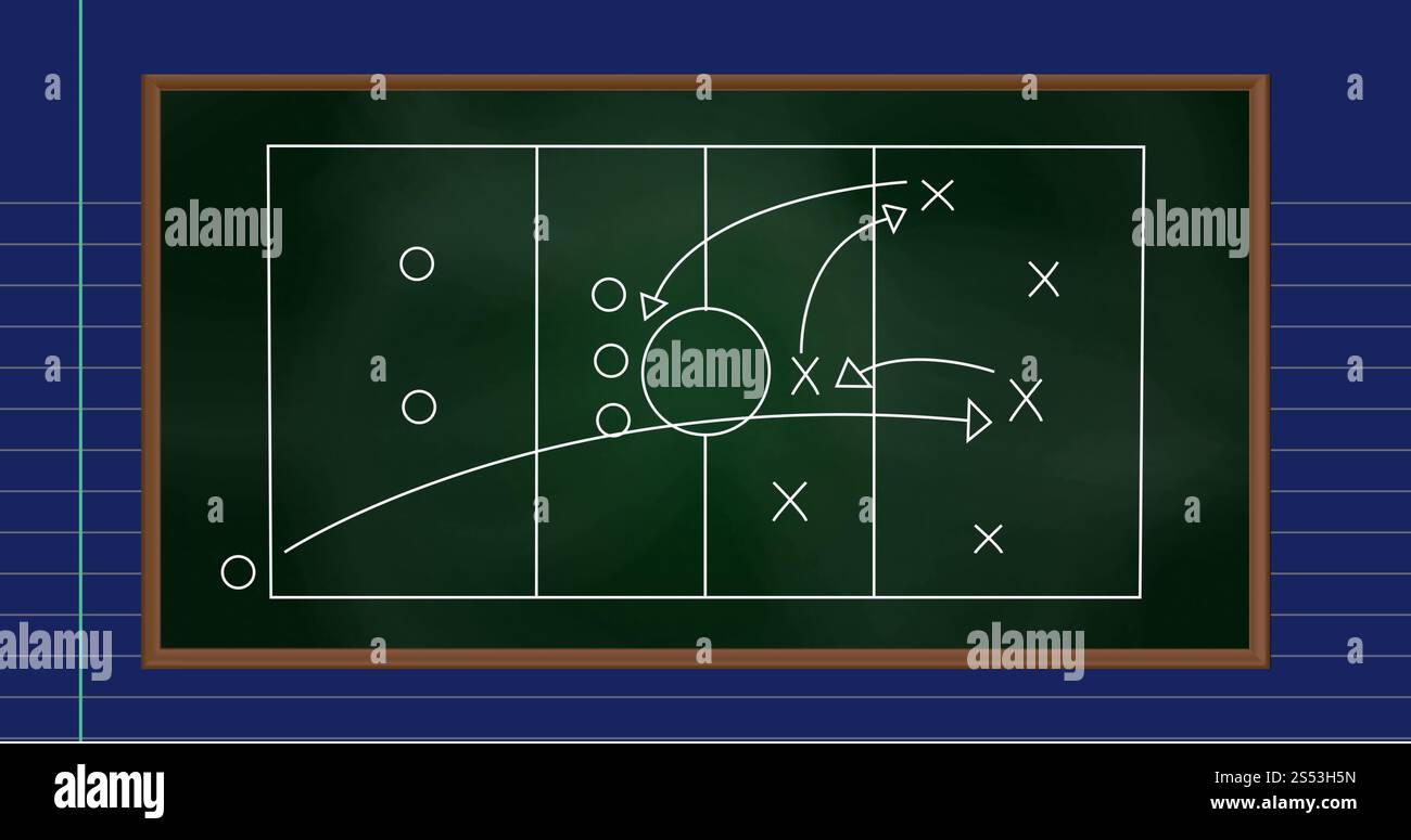 Image of sports field with tactics and strategy drawings on ruled paper ...