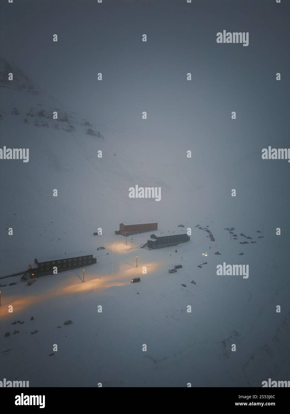 Nybyen neighbourhood buildings from above in winter in Longyearbyen ...