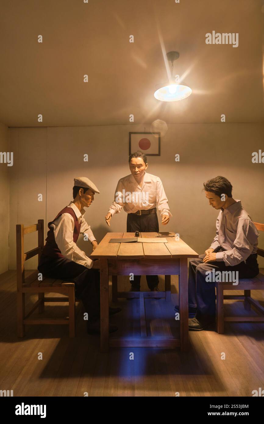 A recreation of a questioning, interrogation session in a windowless ...