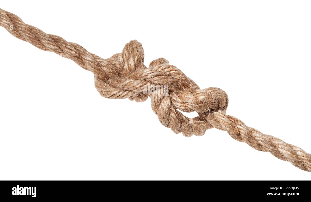stevedore knot tied on thick jute rope isolated on white background ...