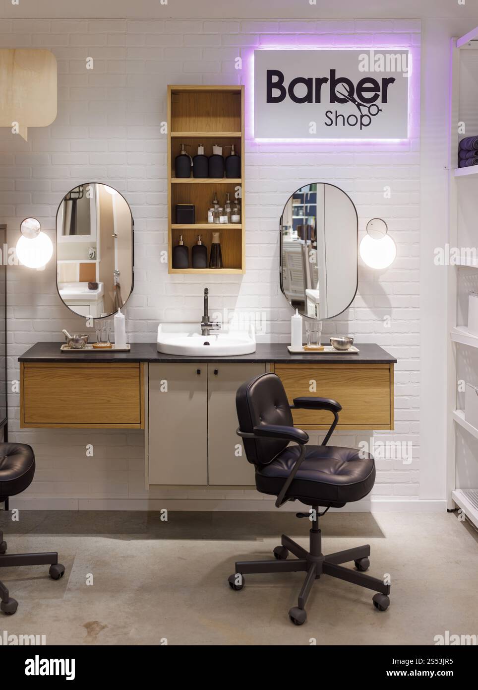 Barbershop interior with chairs and light bulbs. Barber shop concept ...