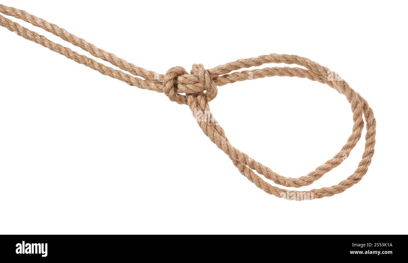 another side of double running knot tied on thick jute rope isolated on ...
