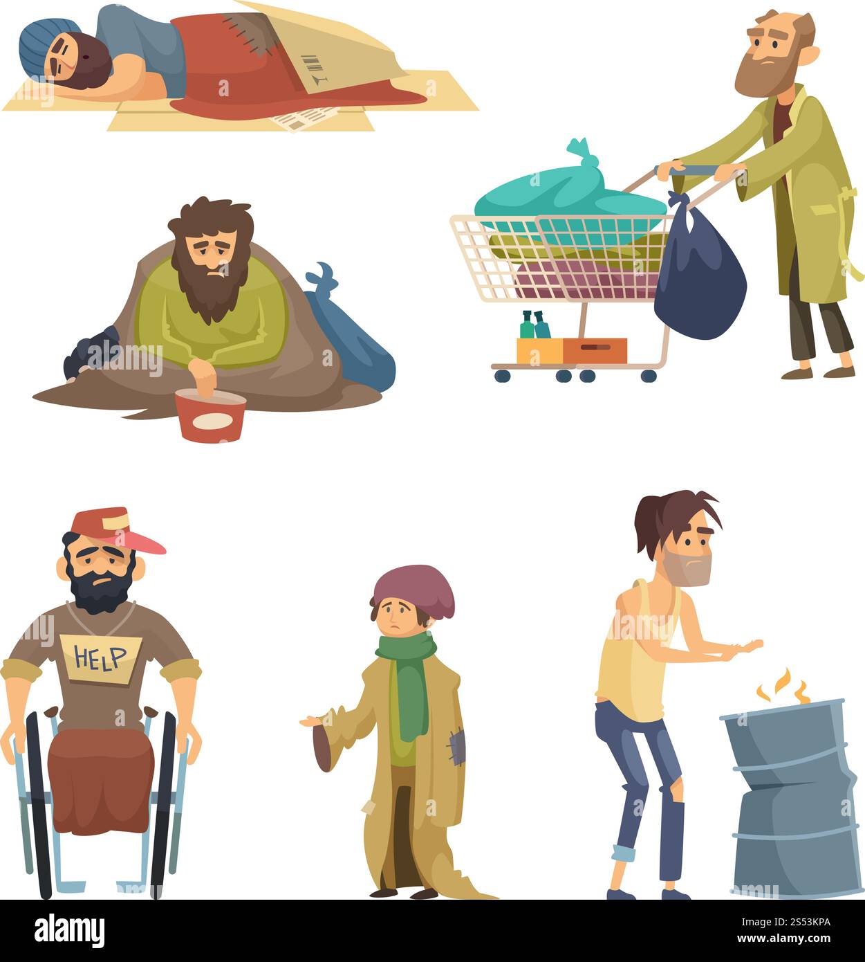 Unhappy dirty poor and desperate peoples. Vector characters set of ...
