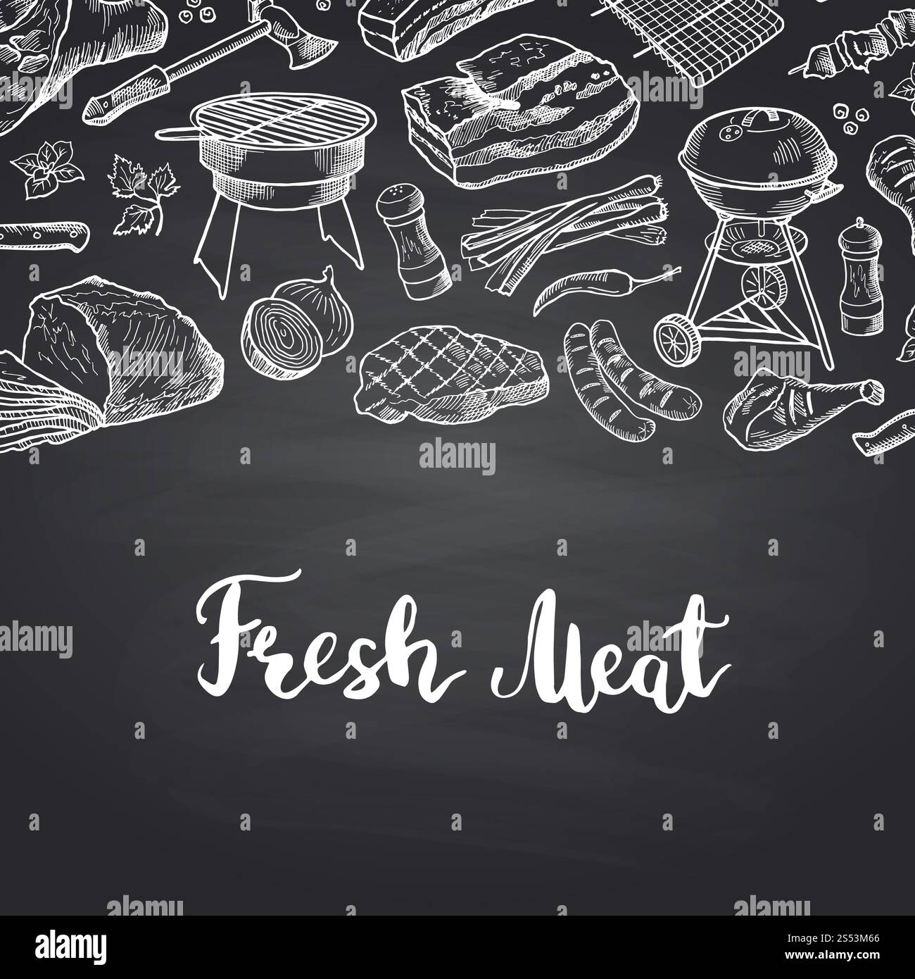 Vector hand drawn meat elements background illustration with lettering ...