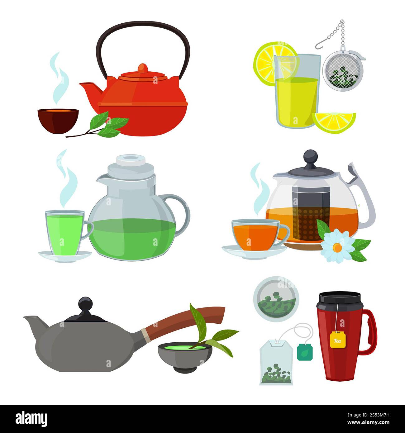 Illustrations of cups and kettles for different types of tea. Vector ...