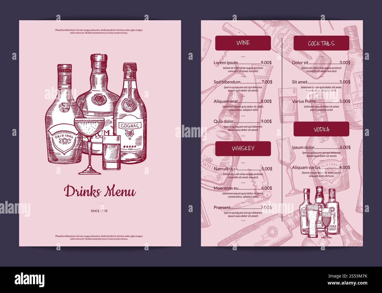 Vector drinks menu template for bar, cafe or restaurant with hand drawn ...