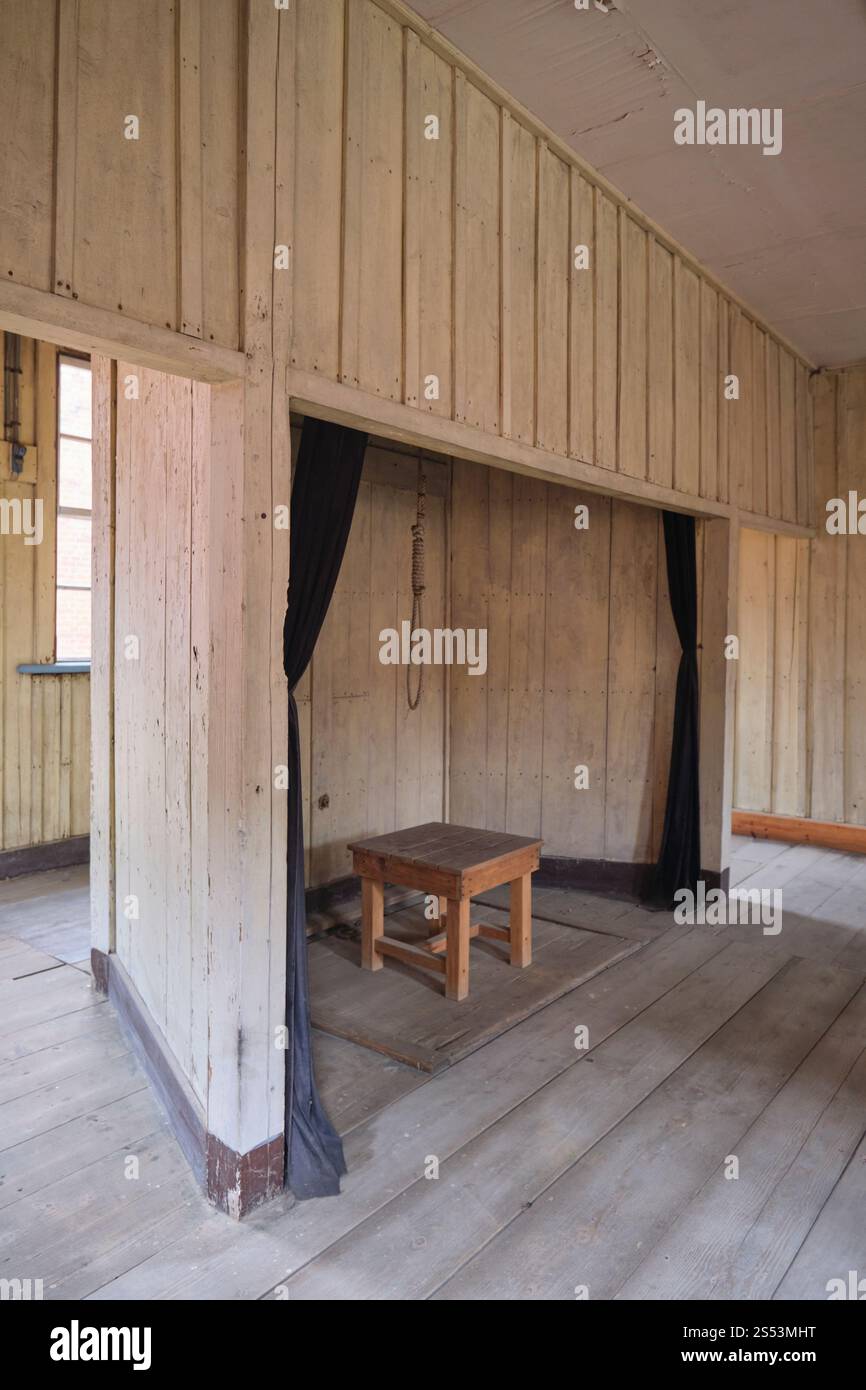Rope, noose, stool and trap floor door booth. At the execution by ...