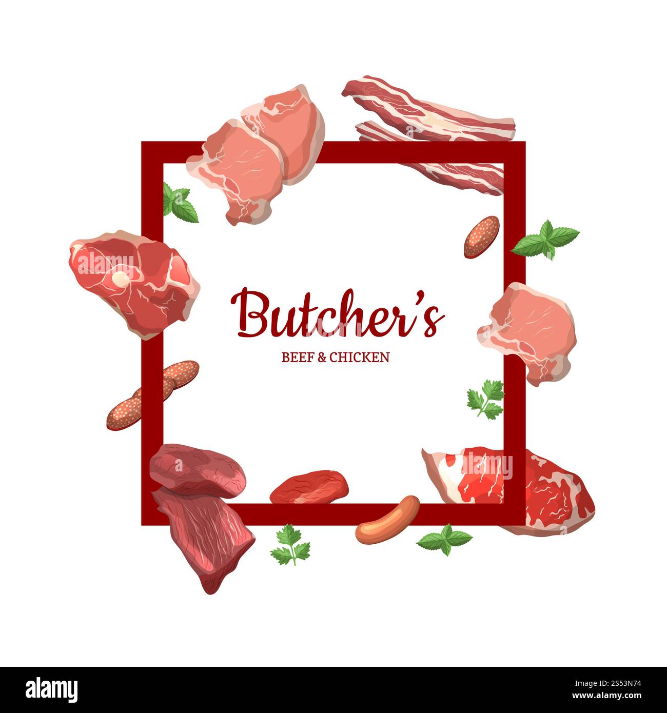 Vector cartoon meat elements frame with flying around it with place for ...