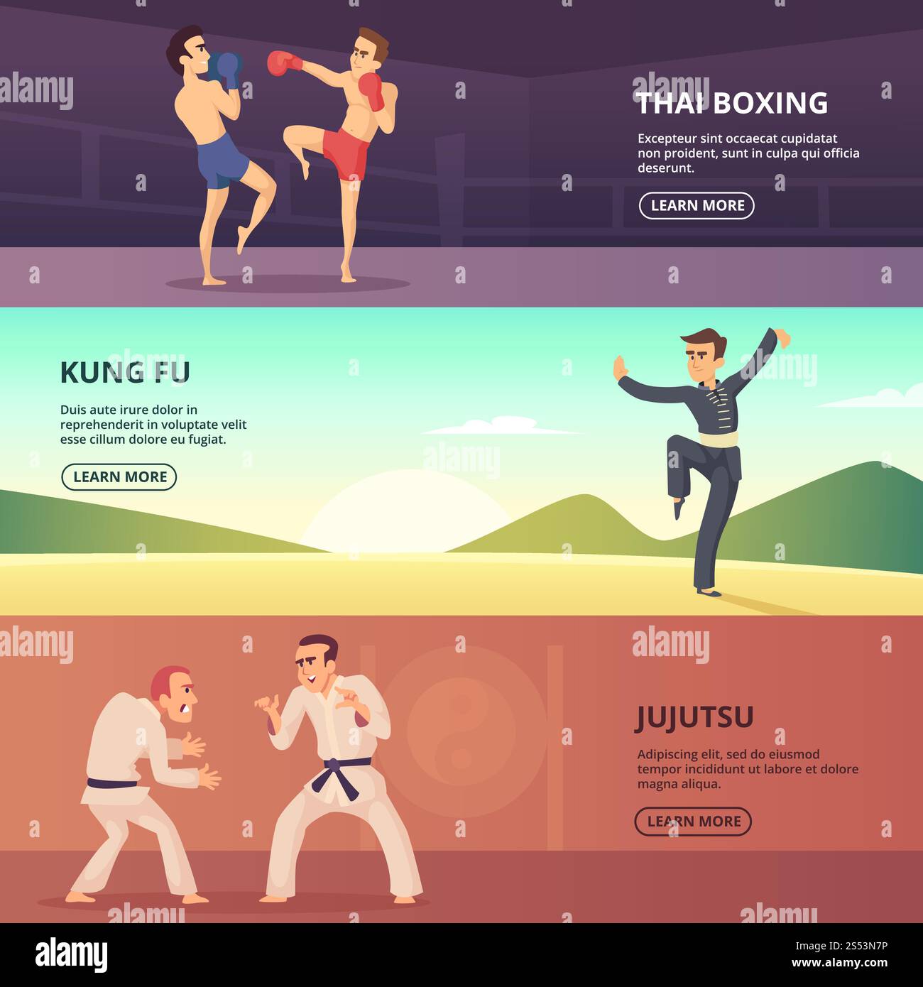 Horizontal banners with martial characters. Fighter thai boxing and ...