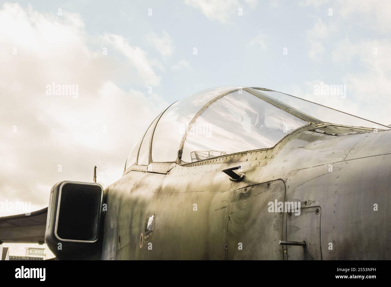 Old military fighter cockpit and engine closeup view. Old military ...