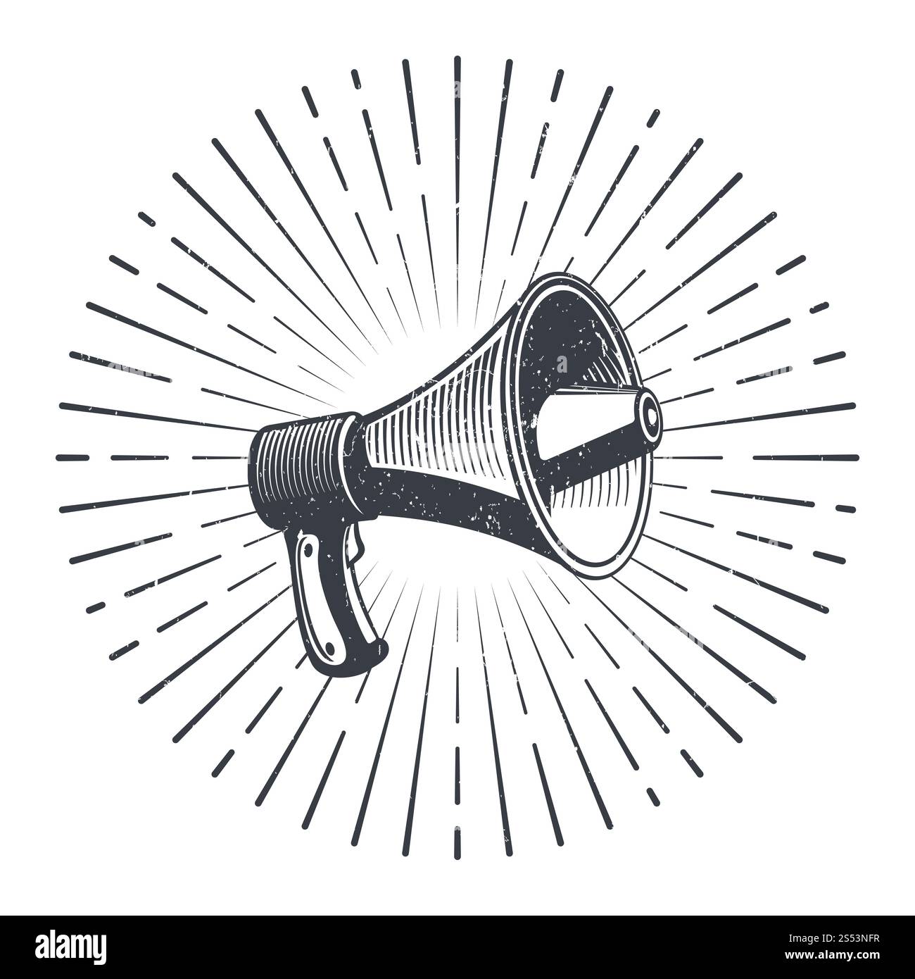 Hand drawn sketch megaphone and starburst. Vintage poster with megaphone. Vector illustration ...