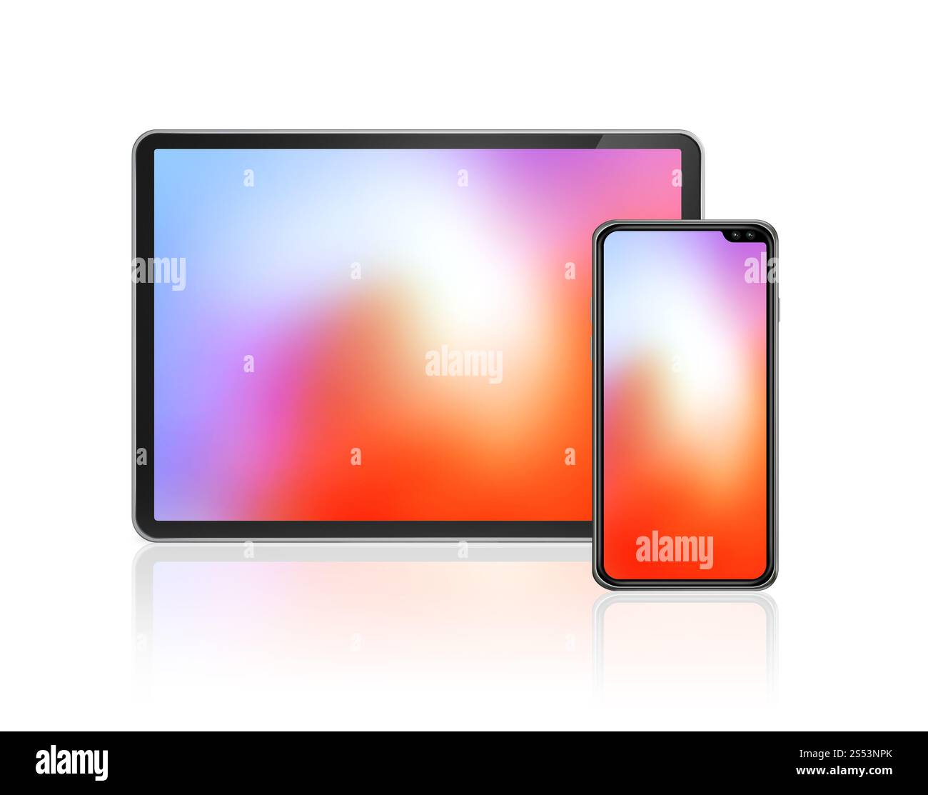 Tablet and mobile phone set mockup isolated on white background with ...