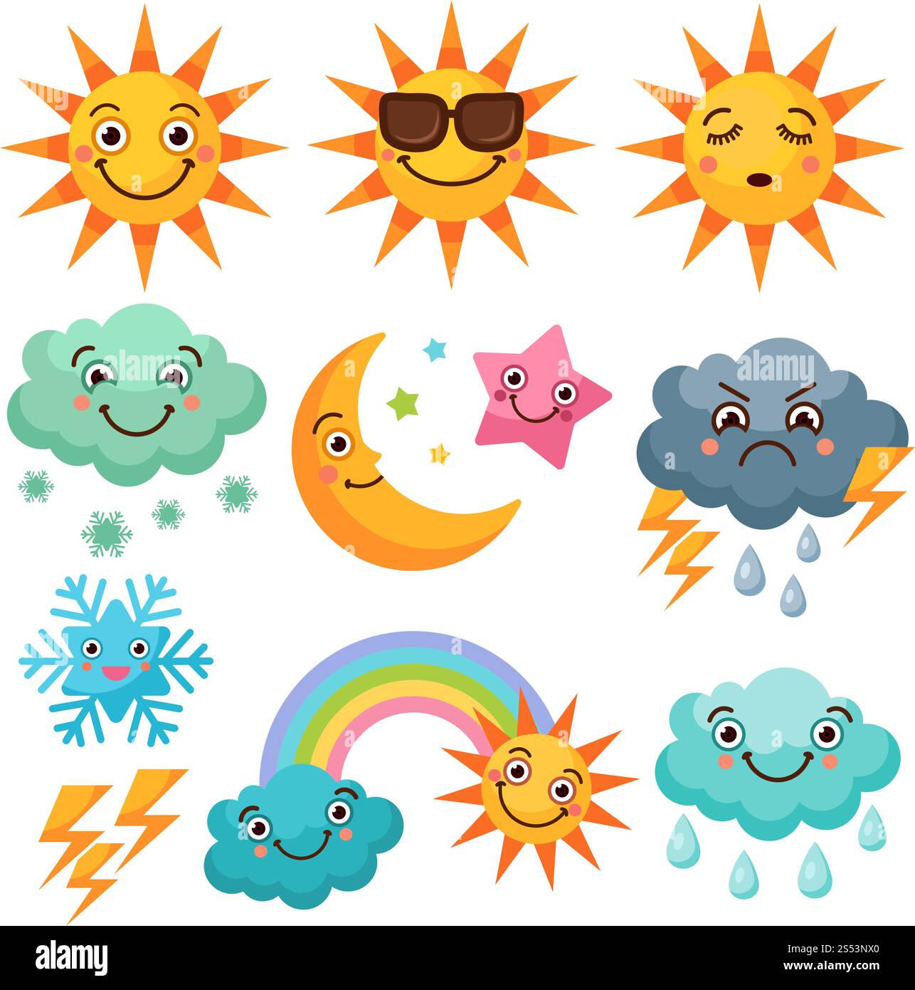 Cartoon weather icons set. Funny pictures isolate on white background ...