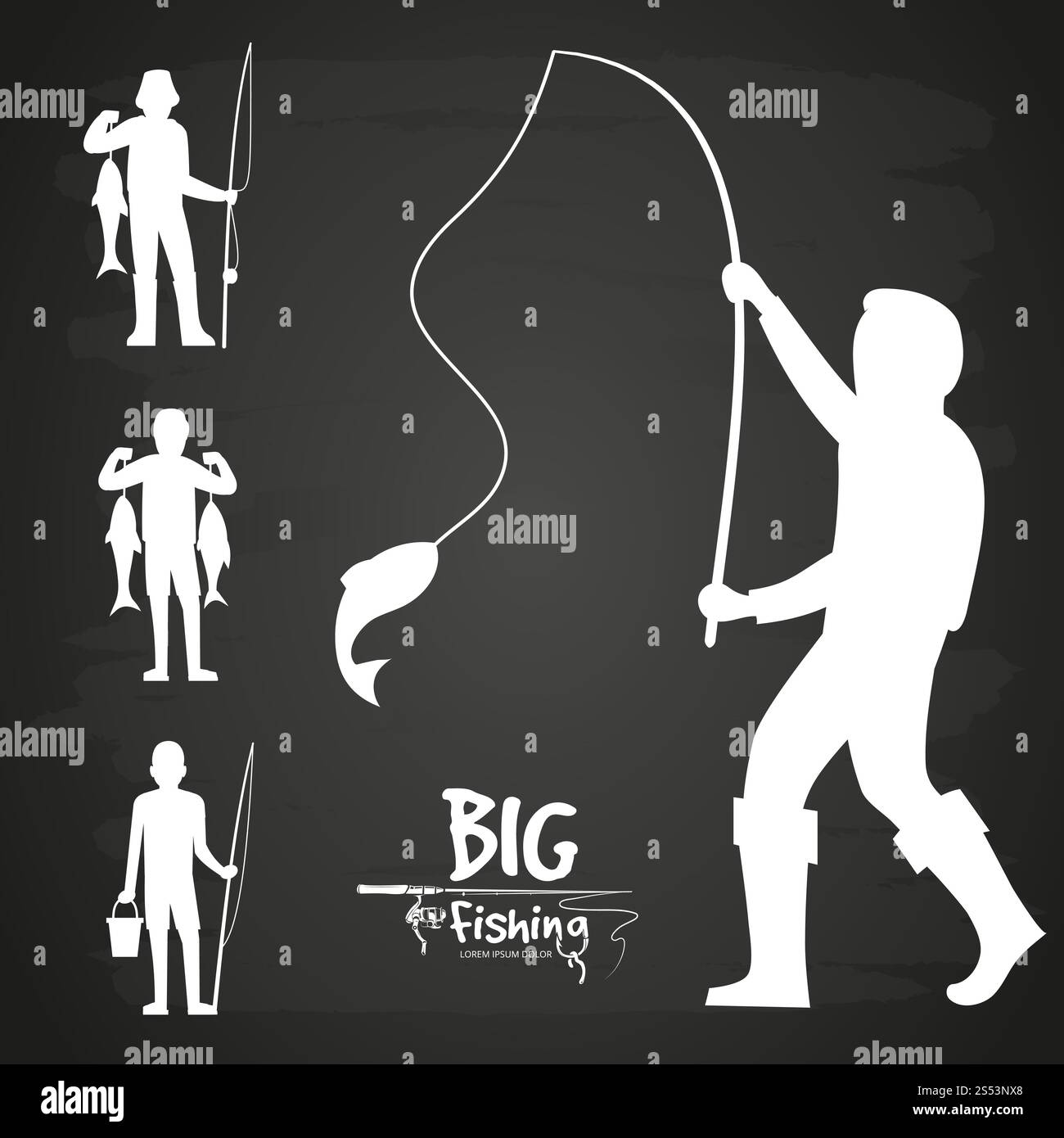 White fisherman silhouette of set isolated on black vector design ...