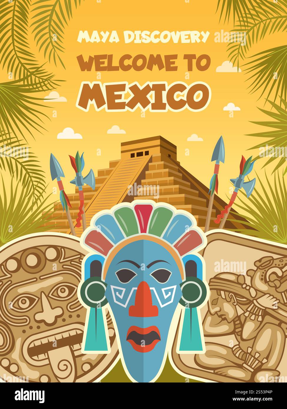 Ancient pictures of tribal masks, mayan artifacts and pyramids. Vector ...