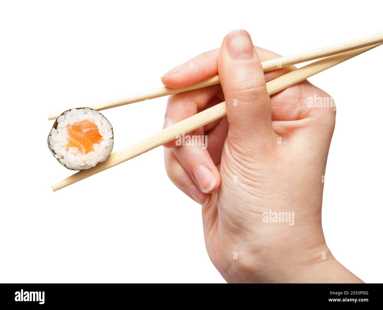female hand with disposable chopsticks holds sake maki sushi roll with salmon fish isolated on ...