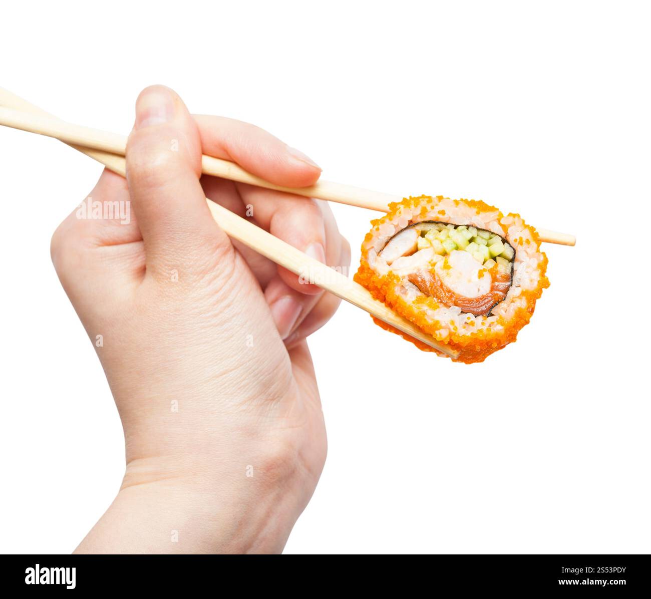 female hand with disposable chopsticks holds california ebi sushi roll isolated on white ...