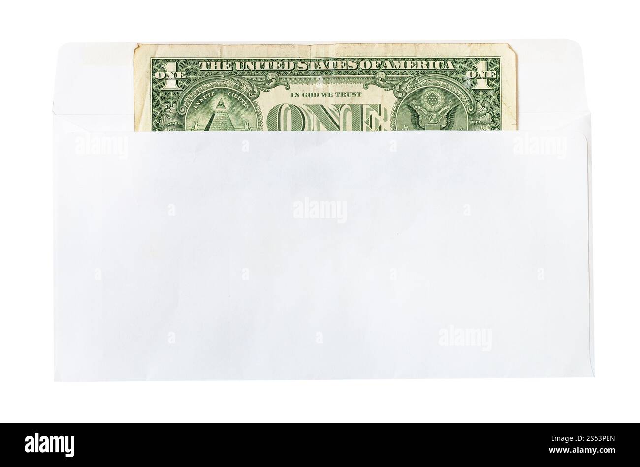 one united states one-dollar bill in open mail envelope isolated on ...