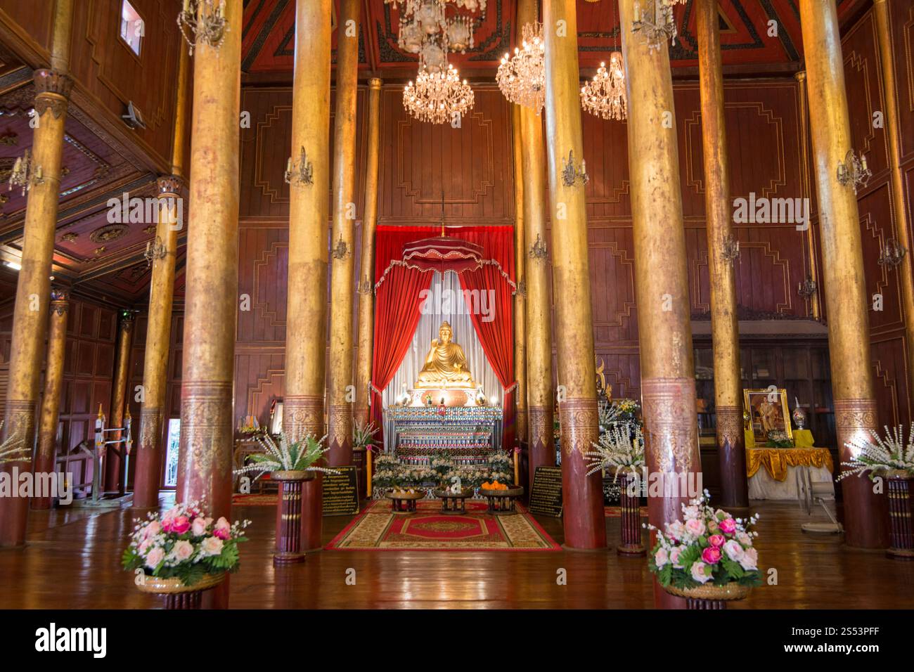 the Buddha in Wood Temple of Wat Jom Sawan in the old Town the city centre of Phrae in the north ...