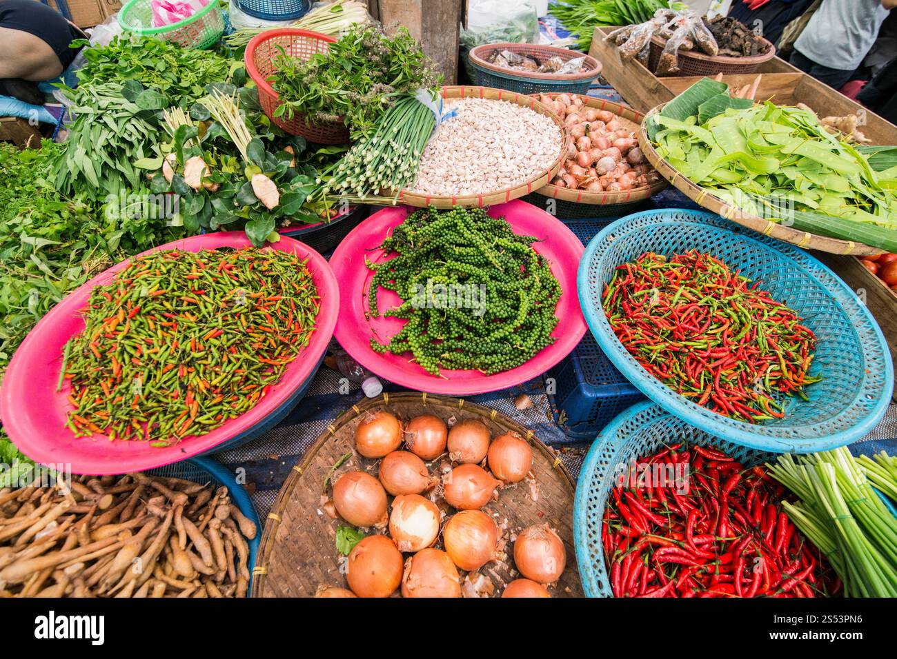 green peper and chili at the food market in the city of Phrae in the ...