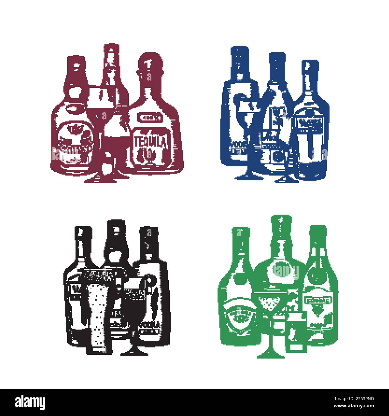 Vector set of hand drawn alcohol drink bottles and glasses piles ...