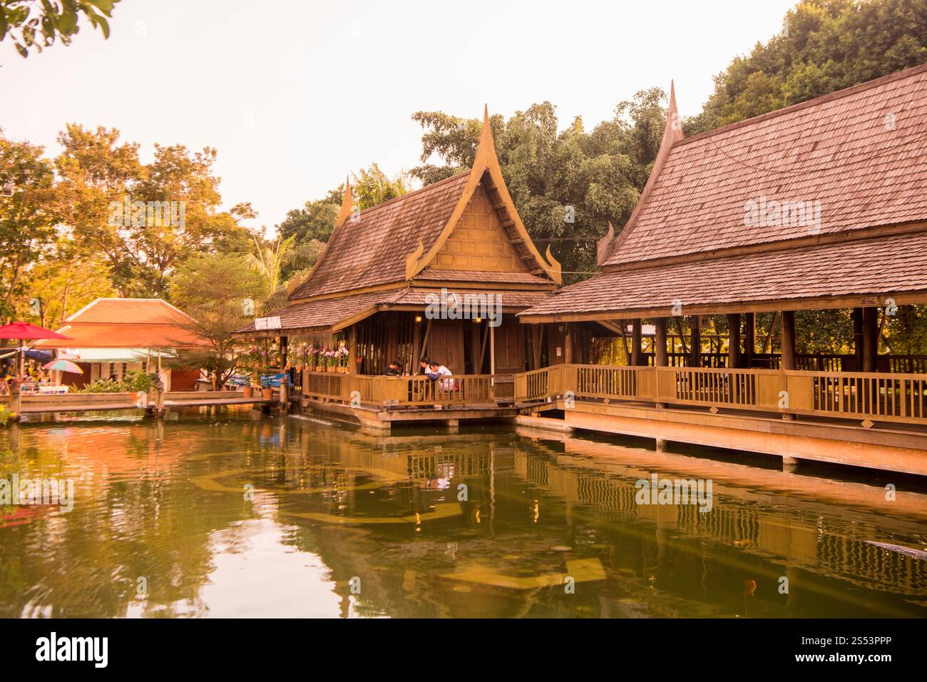a traditional thai woodhouse with garden at the Maenam river in the ...