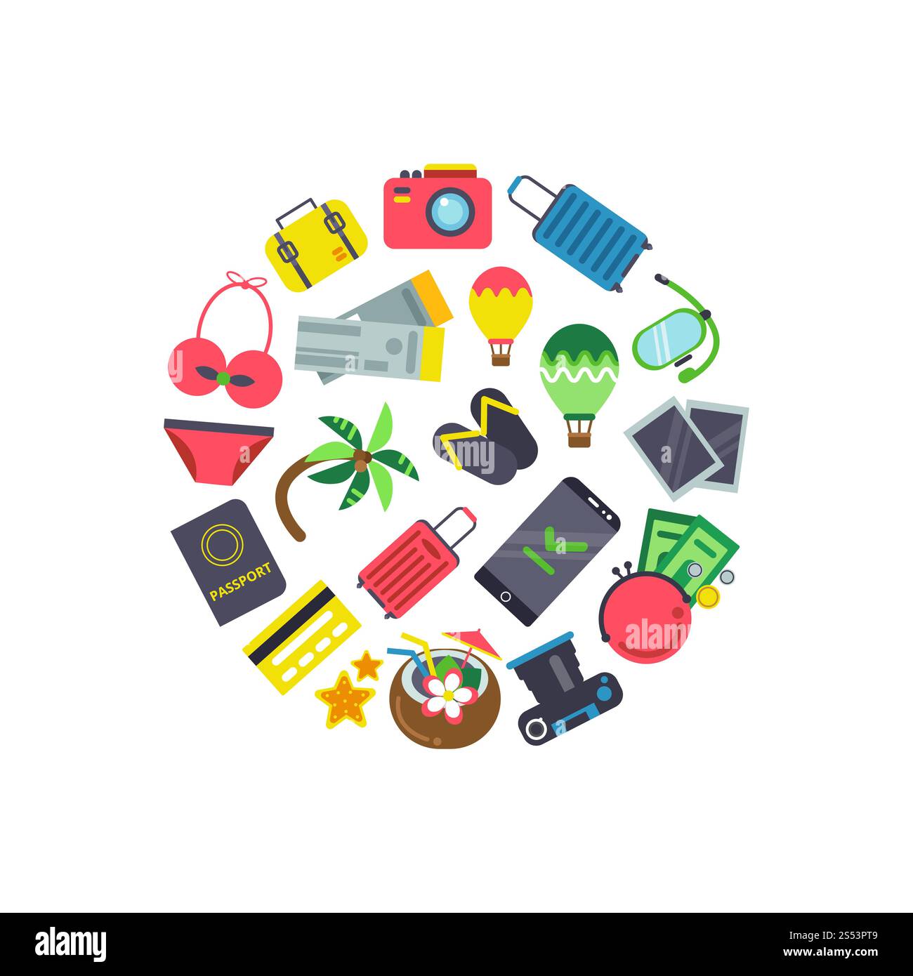 Vector flat travel elements gathered in circle illustration isolated on ...