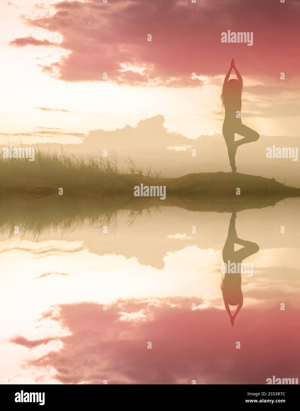 Silhouette of Outdoor Yoga on nature with water reflection Stock Photo ...