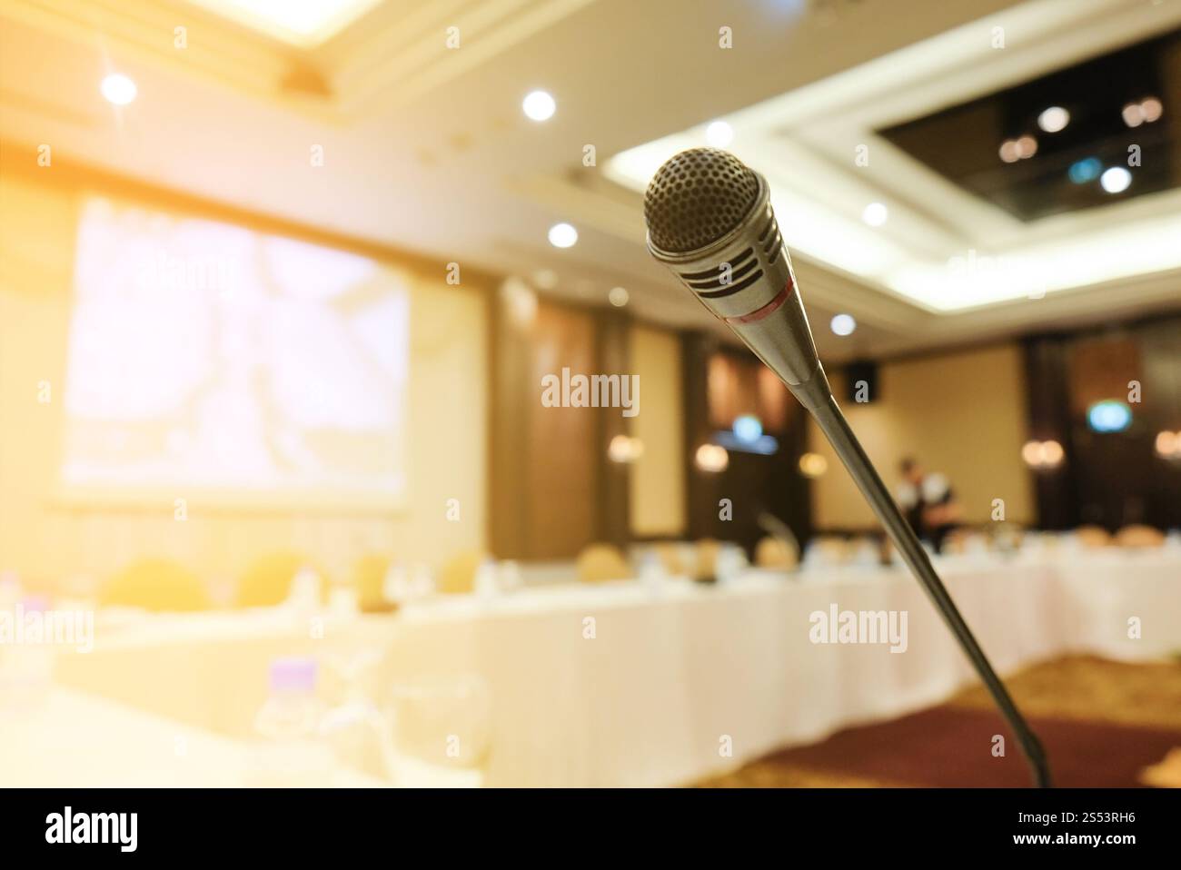 Microphone in meeting room for a conference or seminar room Stock Photo ...
