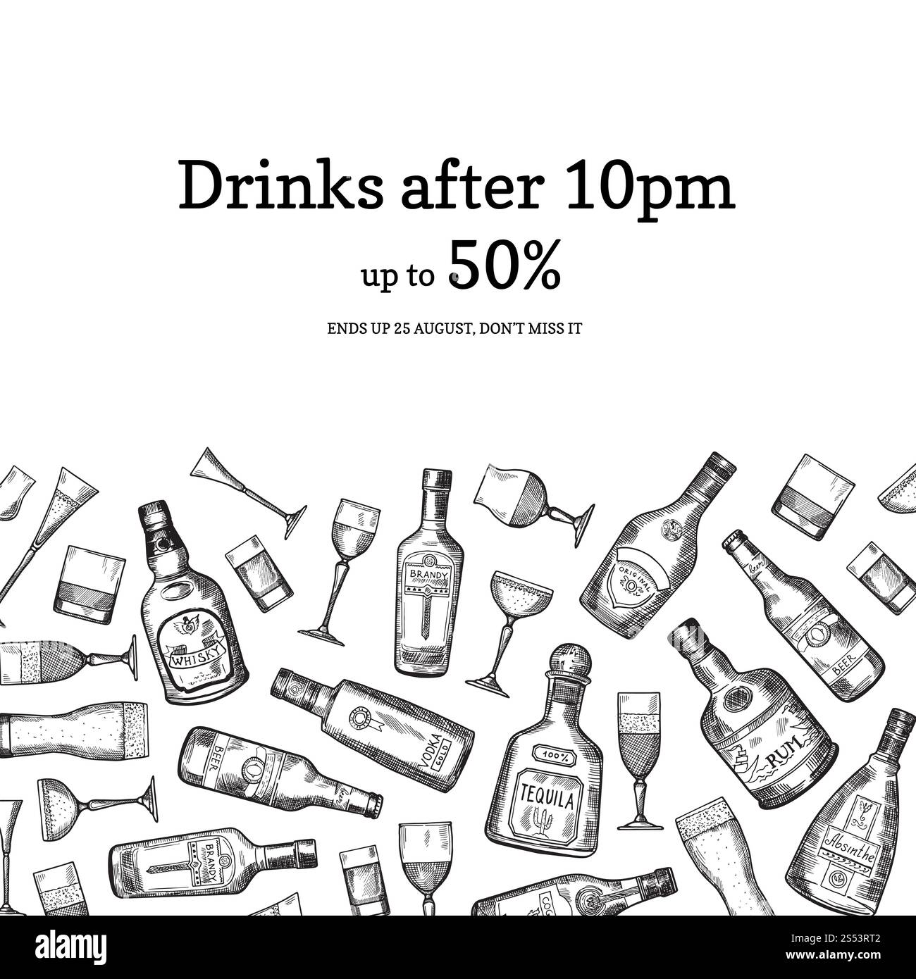 Banner vector hand drawn alcohol drink bottles and glasses background ...