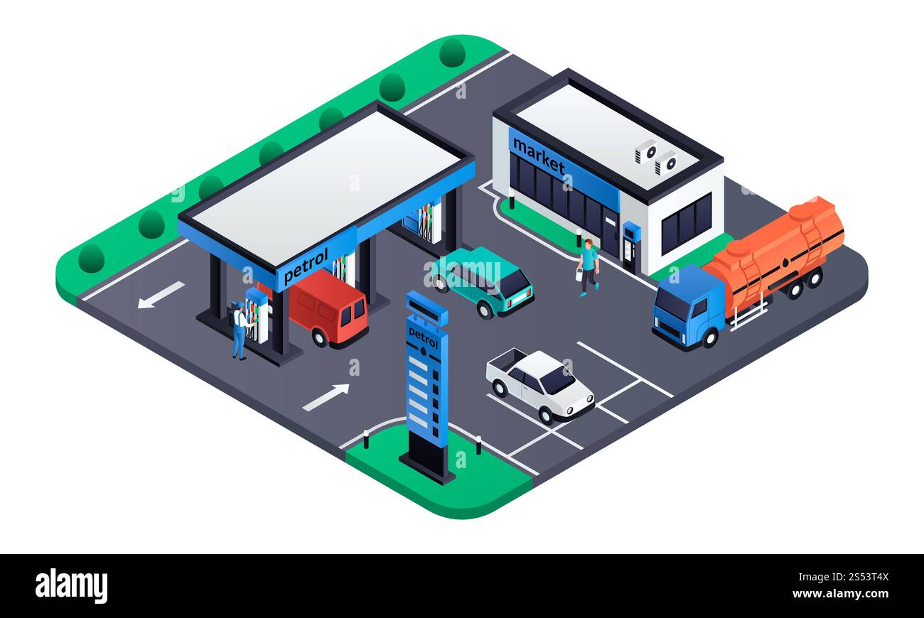 Modern petrol station concept banner. Isometric illustration of modern ...